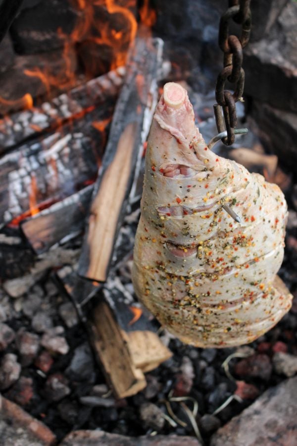 Herb Marinated Hanging Leg of Lamb - Over The Fire Cooking