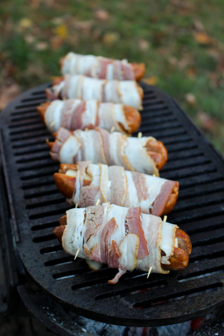 Cheesy Bacon Wrapped Chorizo Dogs - Over The Fire Cooking