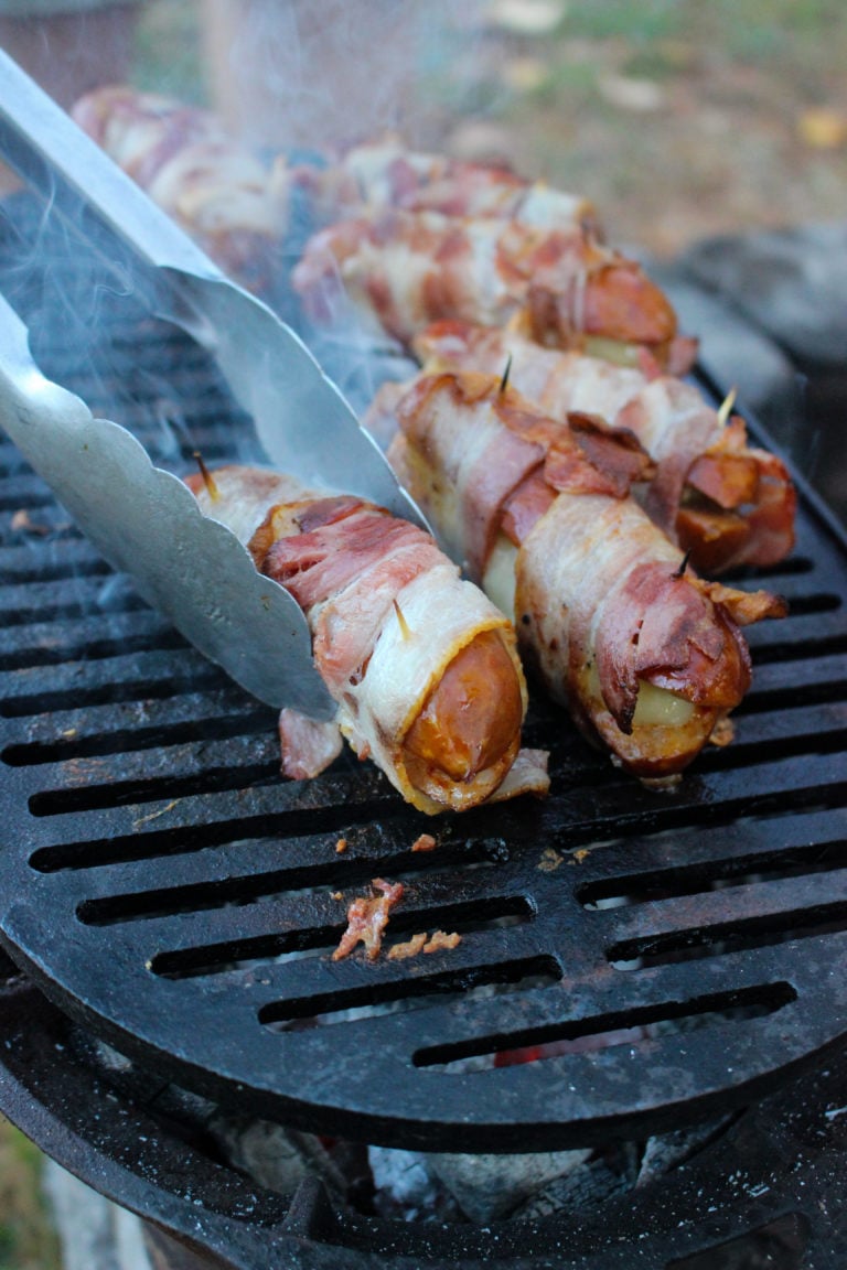 Cheesy Bacon Wrapped Chorizo Dogs - Over The Fire Cooking