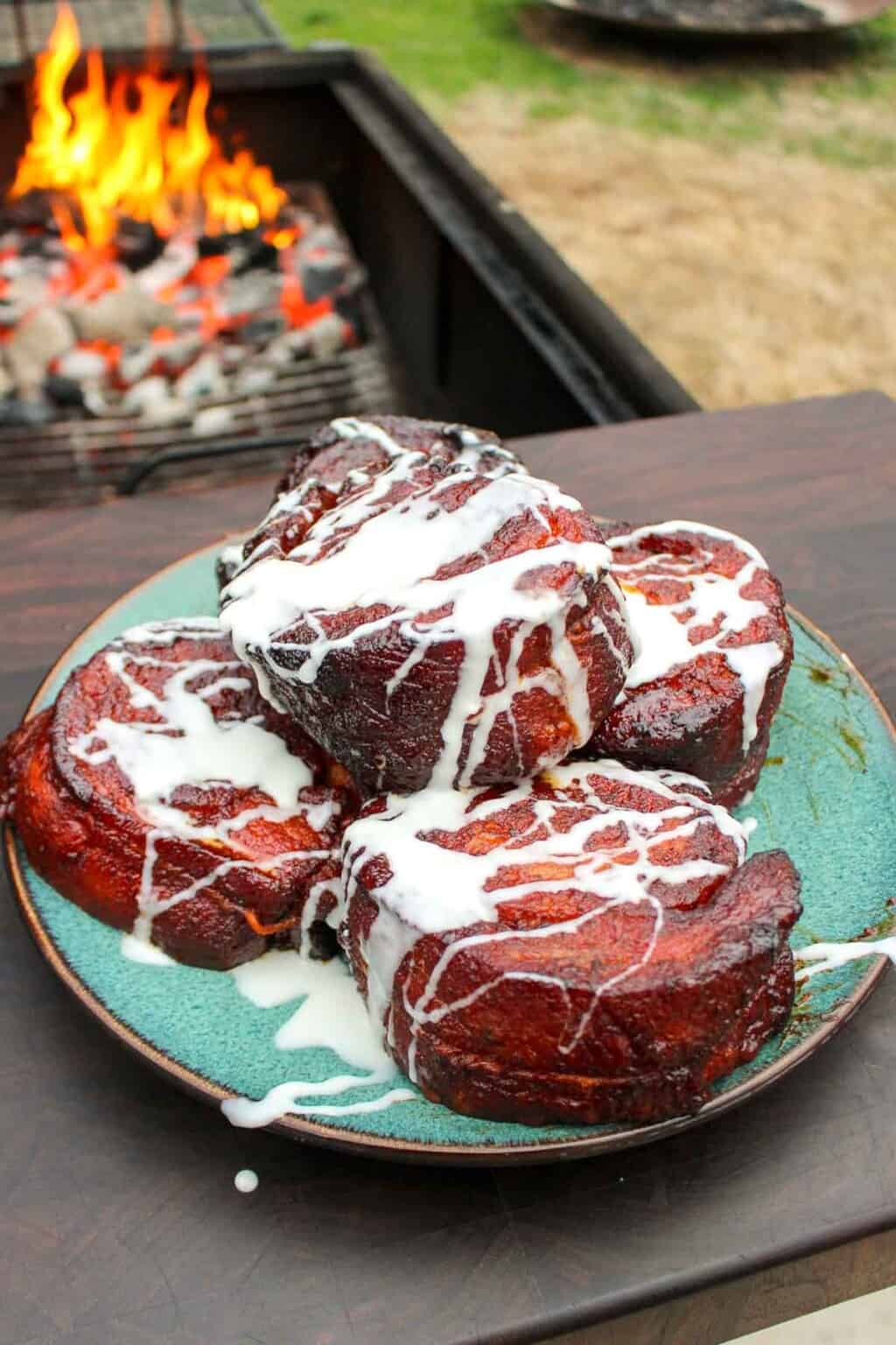 Pork Belly Cinnamon Rolls - Over The Fire Cooking