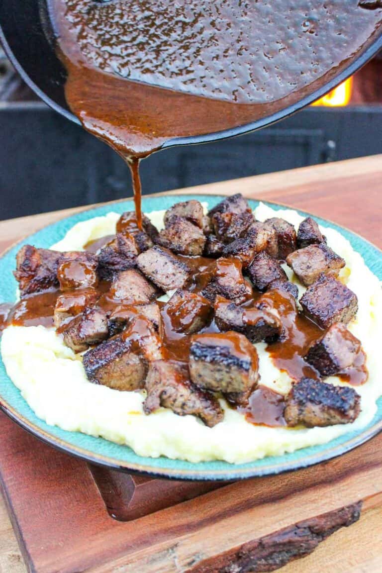 Steak Bites with Mashed Potatoes - Over The Fire Cooking