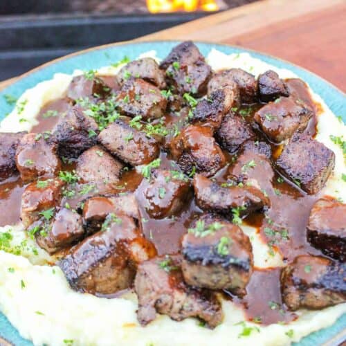 Steak Bites with Mashed Potatoes - Over The Fire Cooking