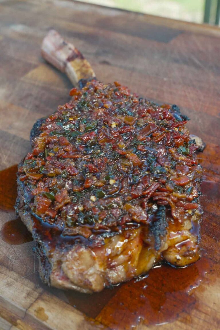 Cowboy Candy Rubbed Grilled Steak with Bacon Jam - Over The Fire Cooking